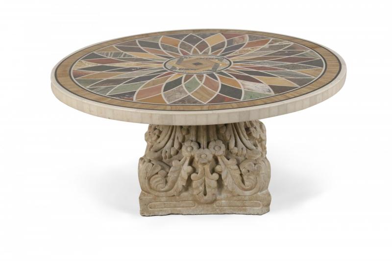 Italian Neo-classic Marble Inlaid Top and Acanthus Leaf Design Base Coffee Table