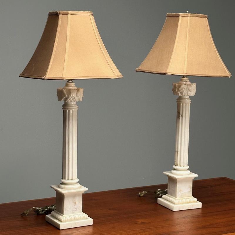 Italian Neoclassical, Column Motif Table Lamps, Marble, Italy, 1950s