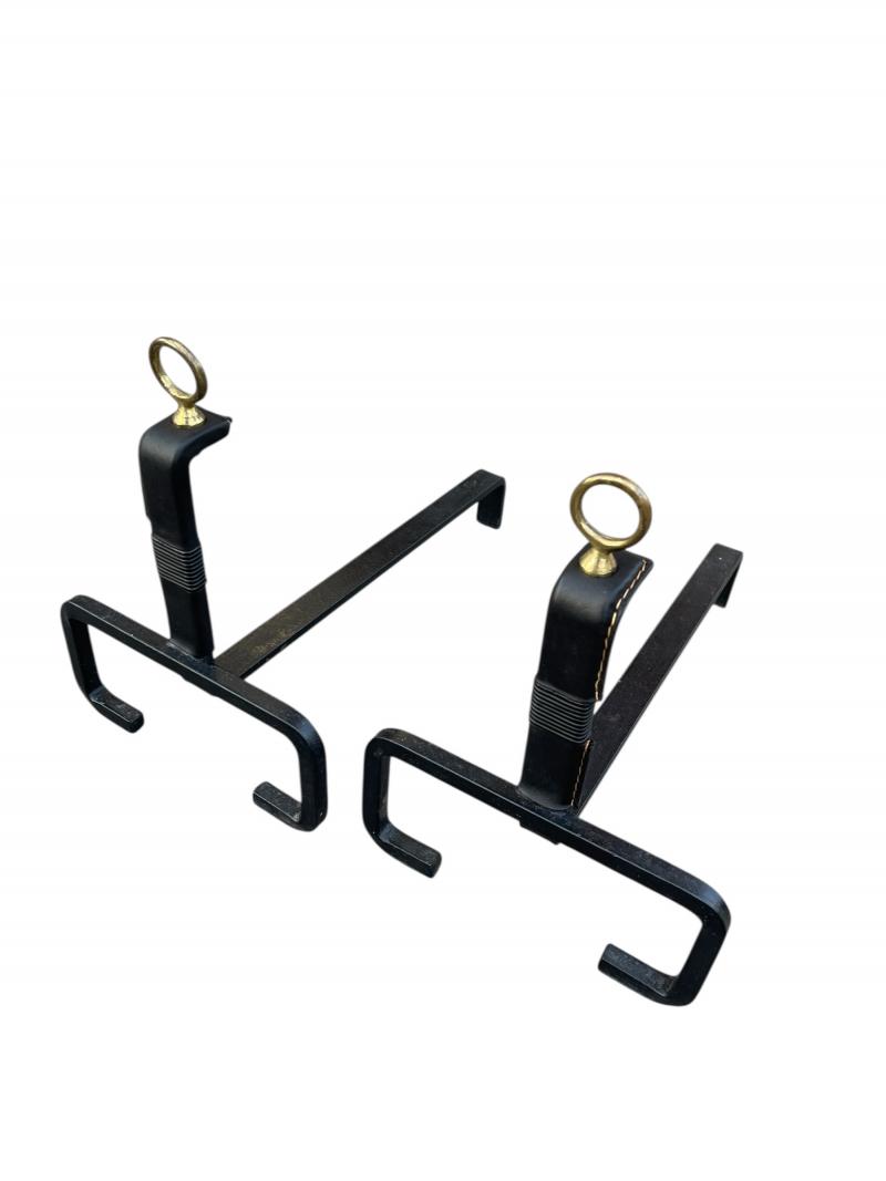 Jacques Adnet - 1950's Stitched leather andirons by Jacques Adnet