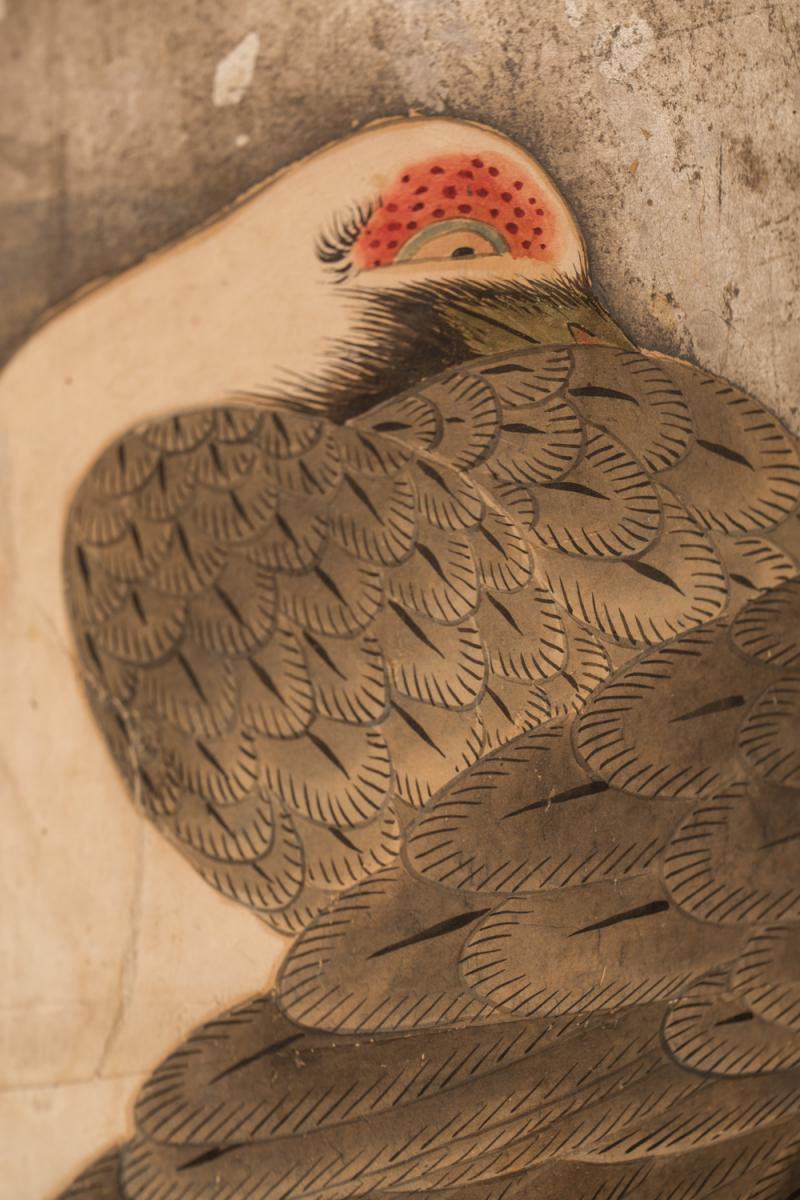 Japanese Two Panel Screen: Family of Storks at River's Edge