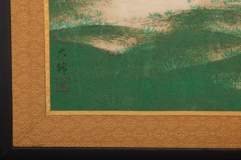 Japanese Two Panel Screen: Scene from Ainu Fishing Village (Northern ...