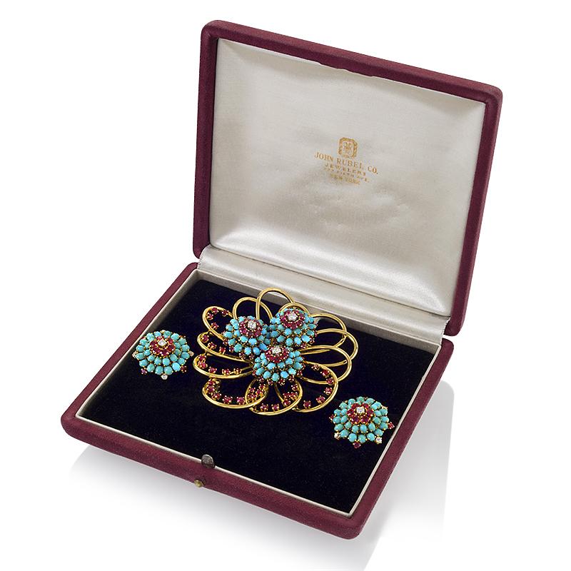 John Rubel - John Rubel Ruby, Diamond, Turquoise Clip Brooch and ...