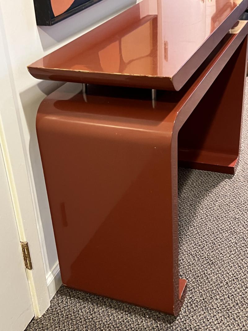Karl Springer - MODERN CRIMSON LACQUERED CONSOLE WITH CHROME ROD ACCENTS