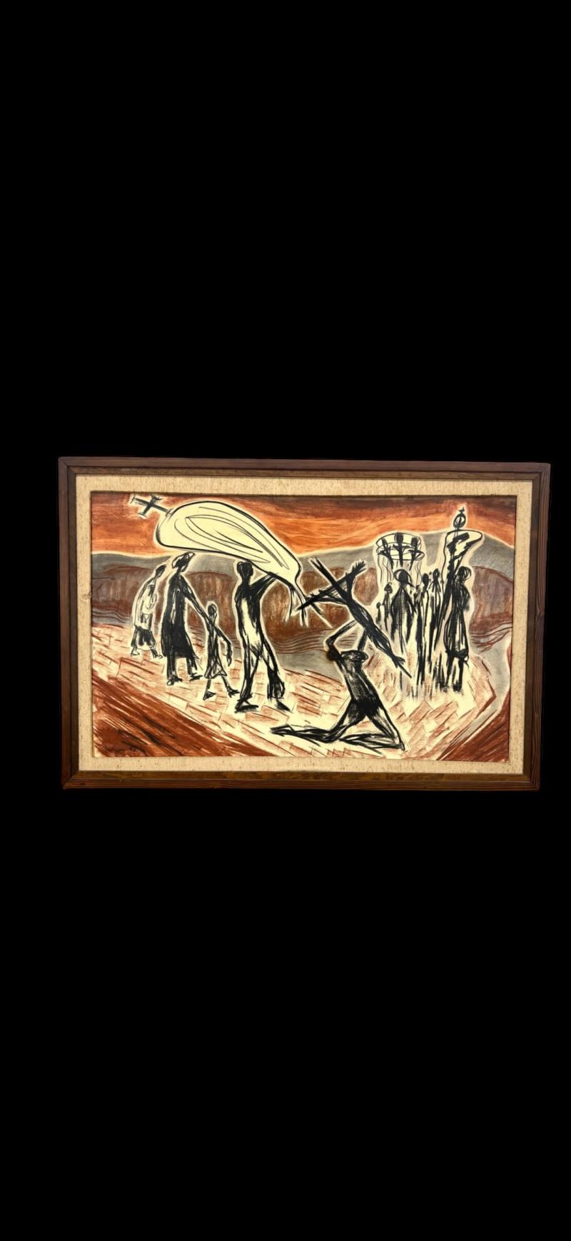 LARGE EXPRESSIONIST SIGNED MID CENTURY GRAPHITE PAINTING ON BOARD-1953