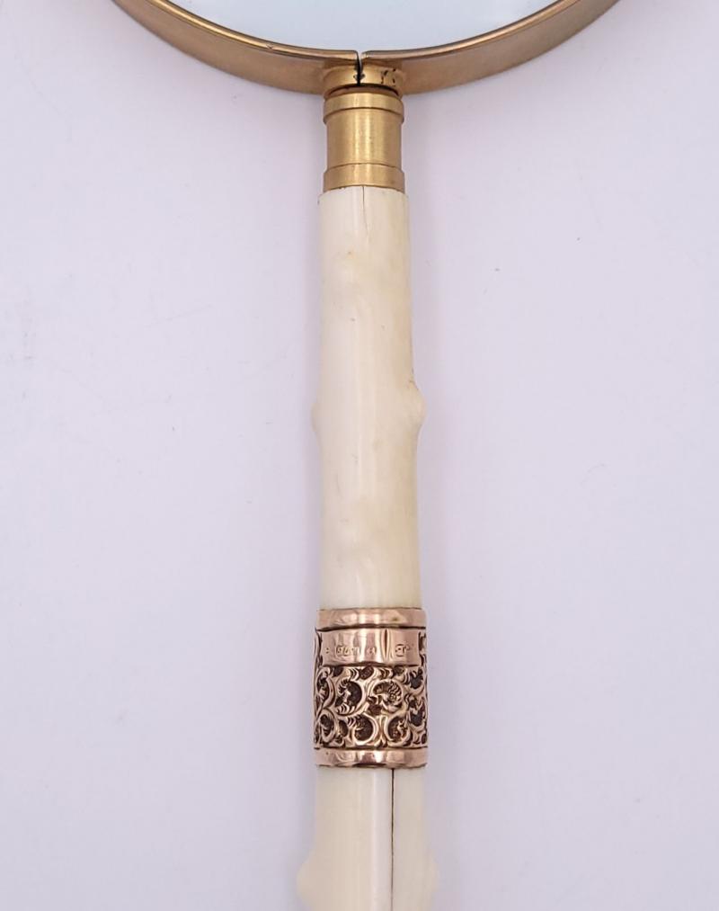 Large Bone and 9K Gold Magnifying Glass, England circa 1920