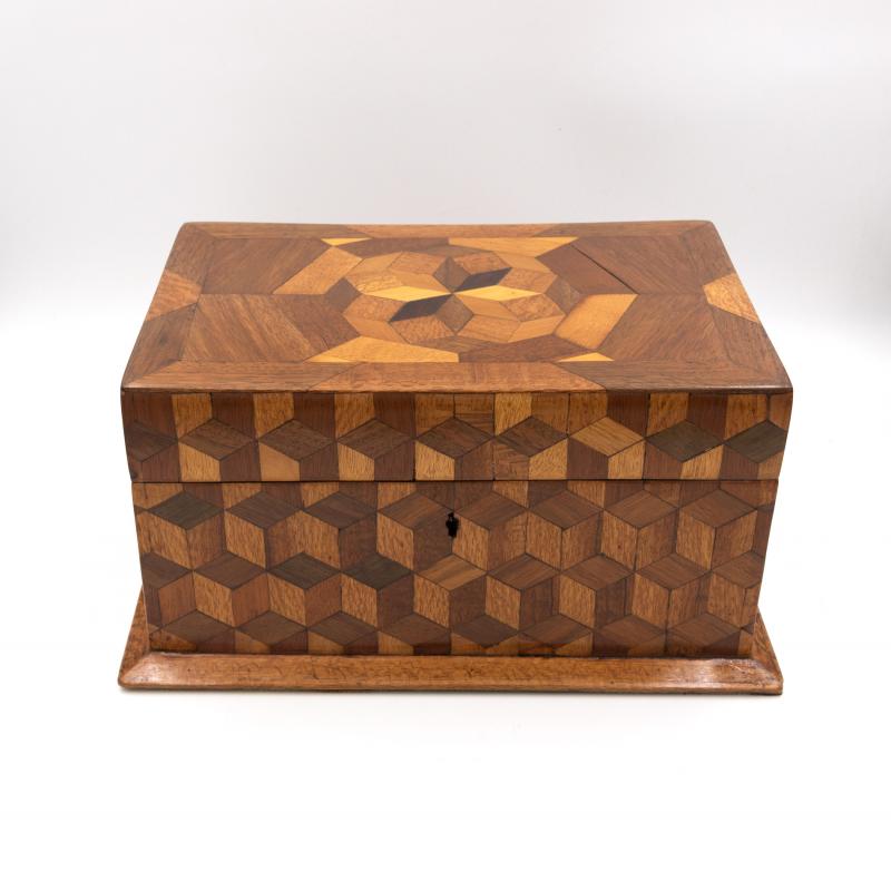 Large Cube Shaped Box With Tumbling Block Marquetry