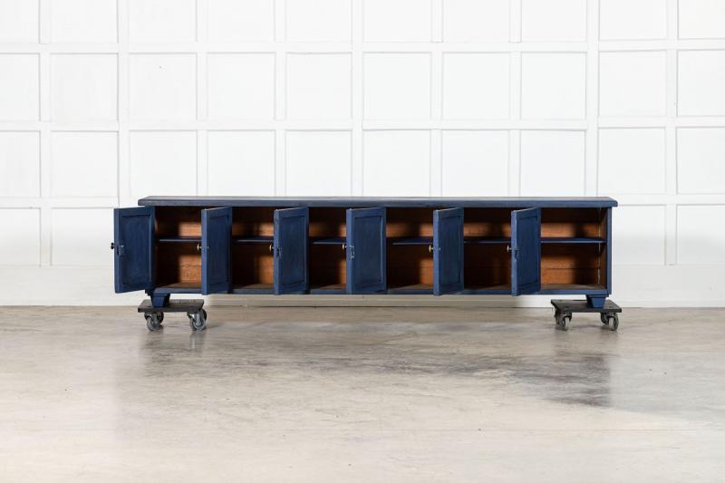 Large English 19thC Painted Pine Locker Cabinet / Bench