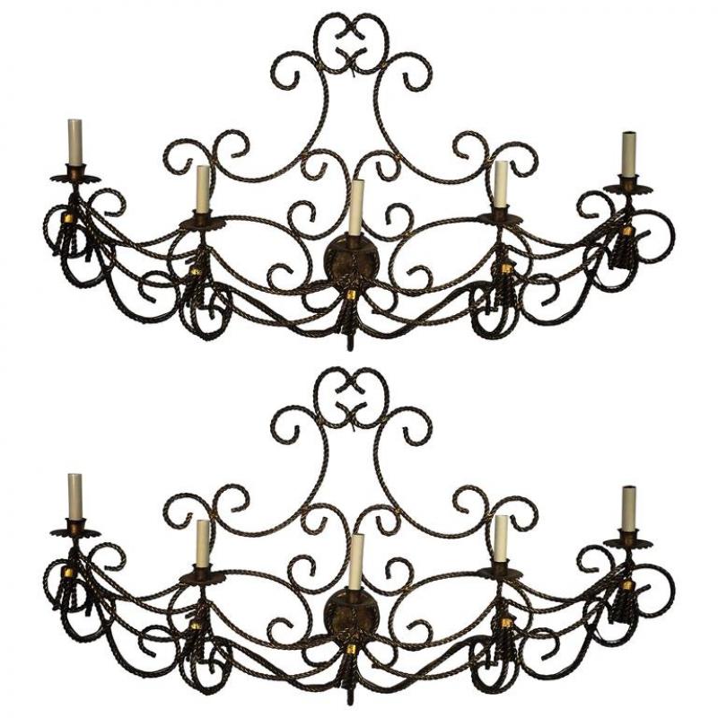 MID CENTURY LARGE ITALIAN GILT METAL 5 LIGHT TWISTED ROPE AND TASSEL ...