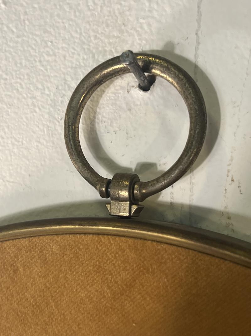 MID CENTURY ROUND VELVET AND BRASS CONVEX MIRROR WITH BRASS RING
