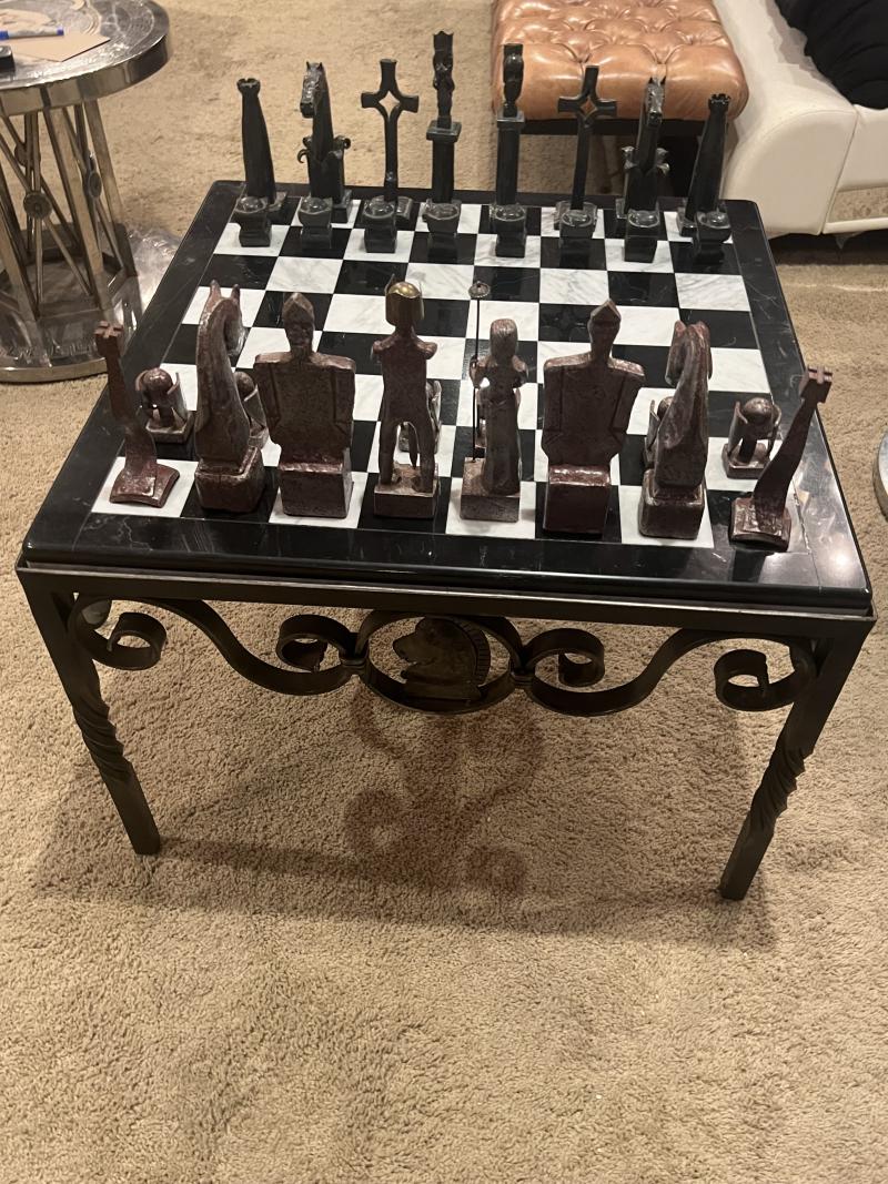 MONUMENTAL BRUTALIST HANDFORGED METAL CHESS PIECES & MARBLE & IRON ...