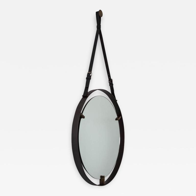 Metal and Leather Round Hanging Mirror