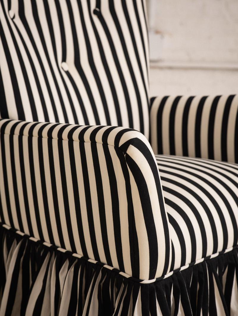 Mid Century Accent Chair in Black and White Stripe With Ruffle Skirt