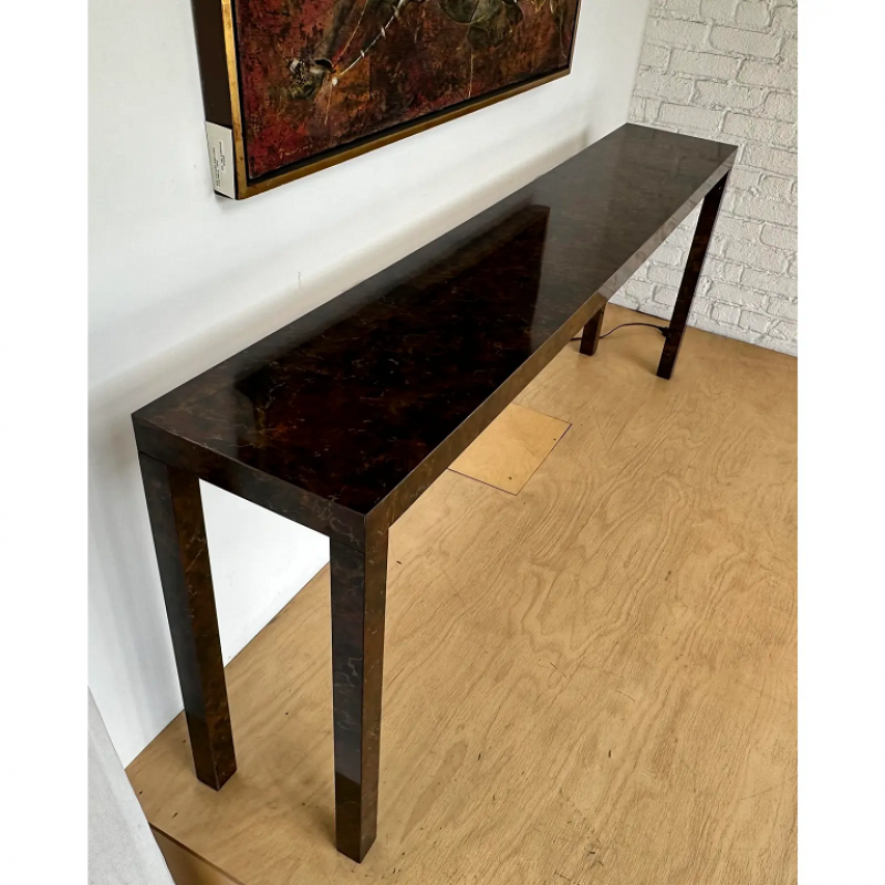 Mid Century Modern Burl Wood Faux Tortoise Shell Console Table