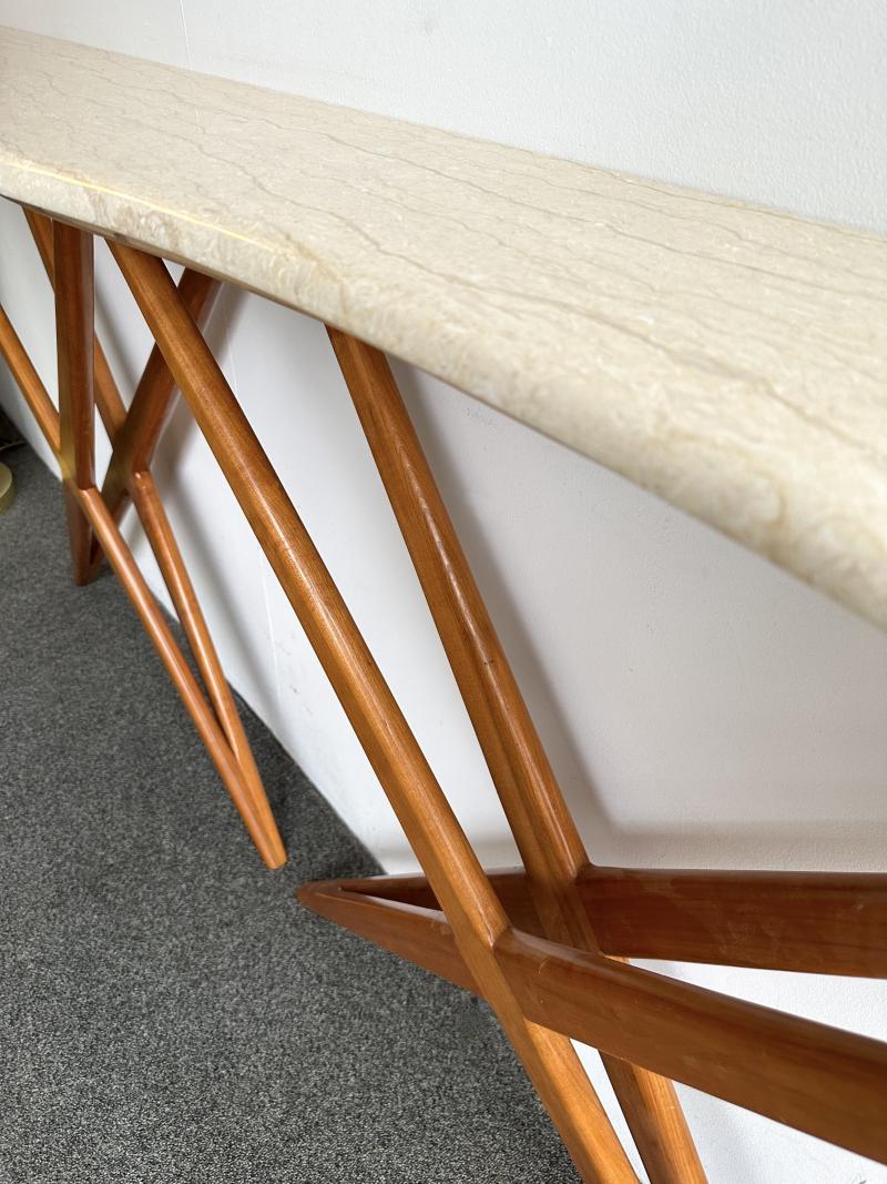 Mid-Century Modern Wood and Marble Wave Console Table. Italy