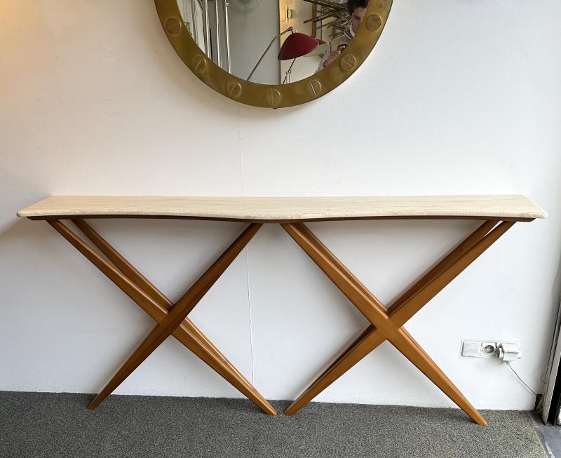 Mid-Century Modern Wood and Marble Wave Console Table. Italy