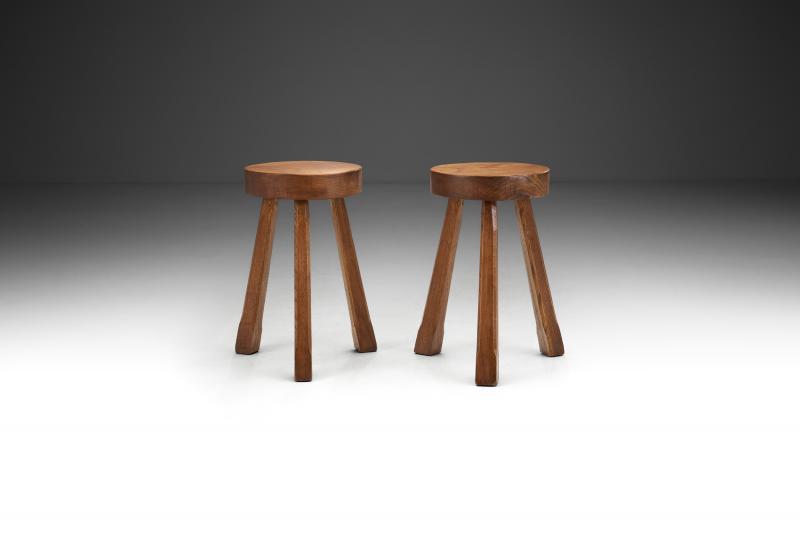 Mid-Century Rustic Three Legged Solid Wood Stools, Europe ca 1940s