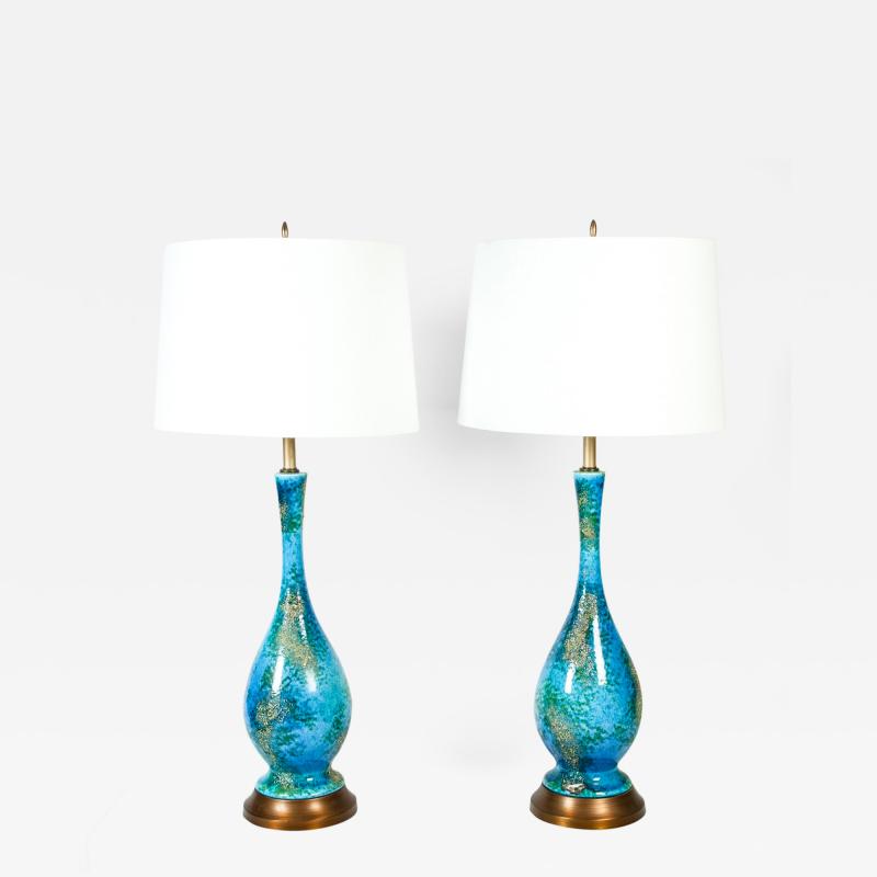 Mid-Century Tall Mottled Blue Lamps