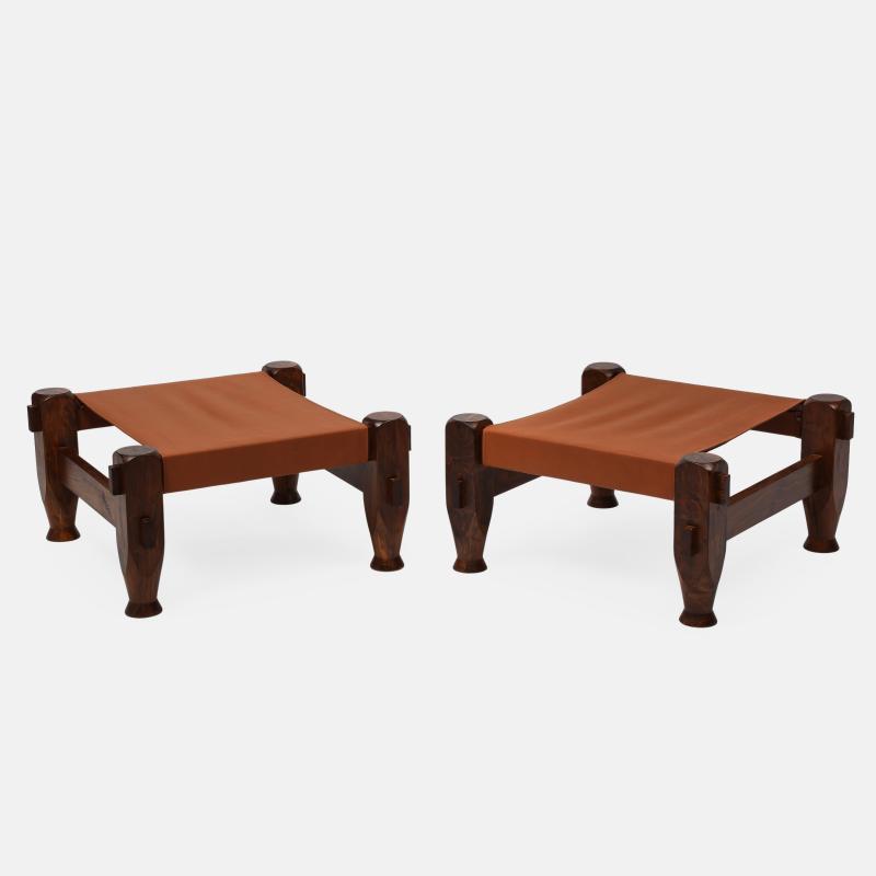 Midcentury Brazilian Modern Large Square Stools in Pine and Saddle Leather