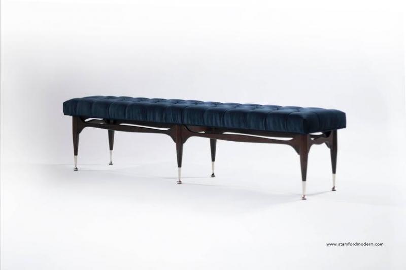 Midcentury Sculptural Tufted Bench in Navy Blue Velvet