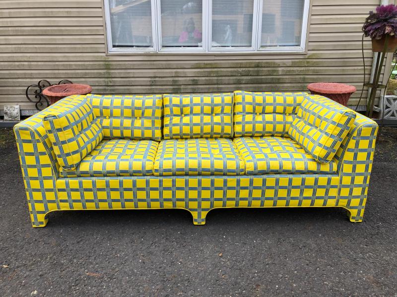 Milo Baughman - Stellar Pair Milo Baughman Yellow Leather Parsons Sofas ...