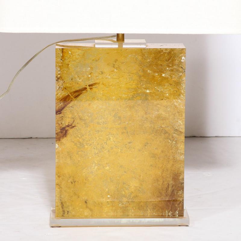 Modernist Pressed Lucite Table Lamp in Fractured Gold and Amber