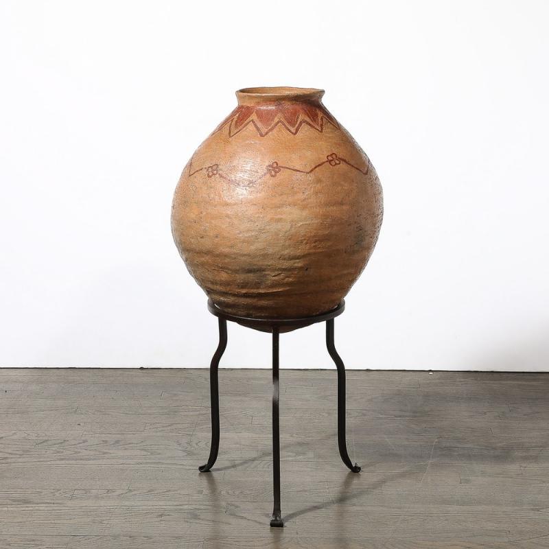 Native American Tribal Terracotta Red Iron Oxide Vessel on Wrought Iron ...