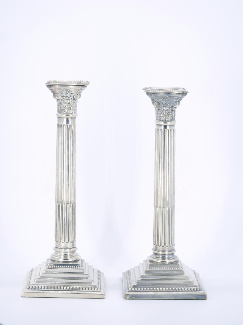Pair 19th Century English Silverplate Neoclassical Column Form Candlesticks