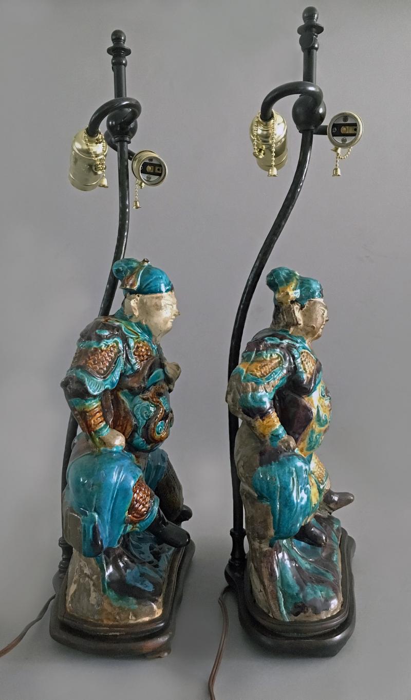Shiwan Pottery - Pair Chinese Shiwan Ware Pottery Warrior Lamps