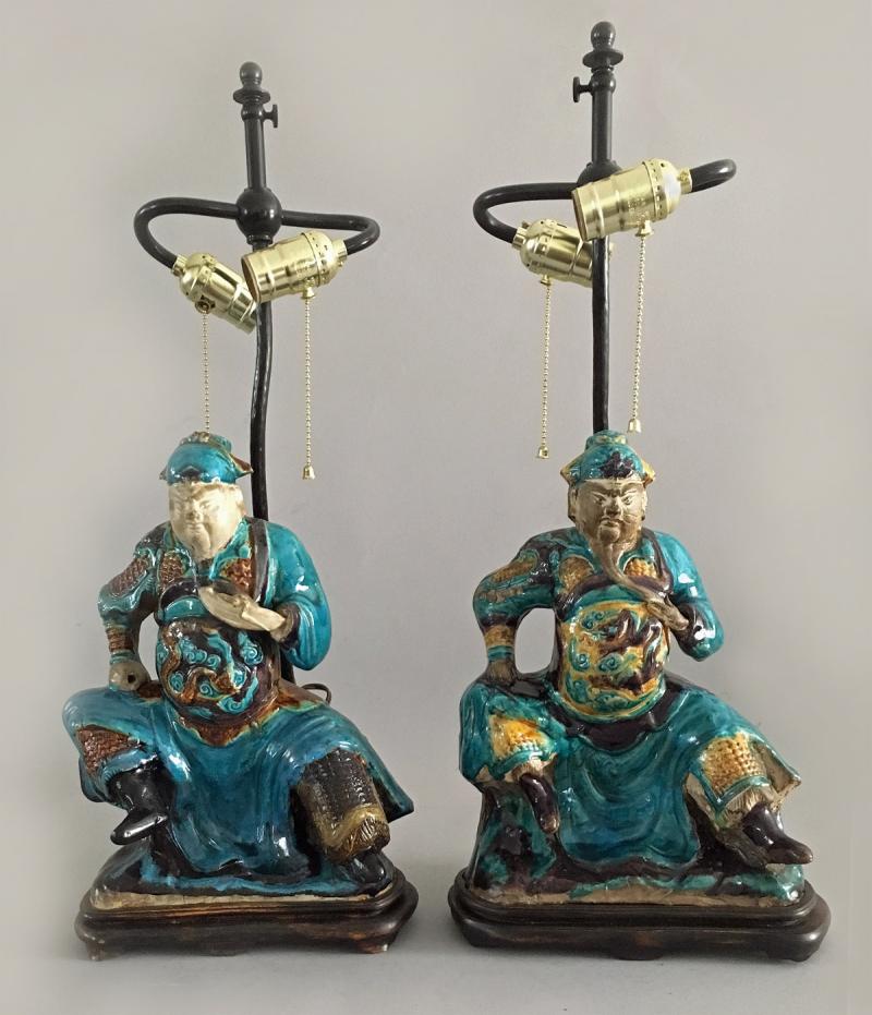 Shiwan Pottery - Pair Chinese Shiwan Ware Pottery Warrior Lamps