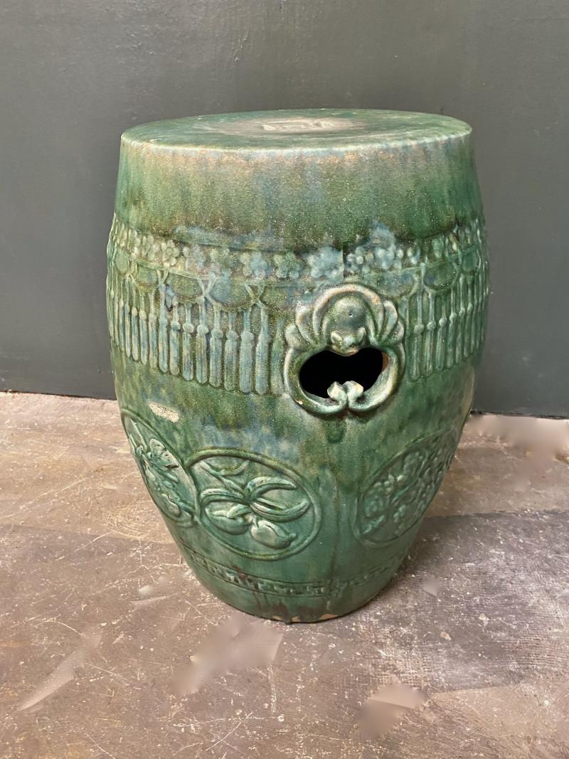 Pair Green Glazed Chinese Garden Stools, c. 1930-1960