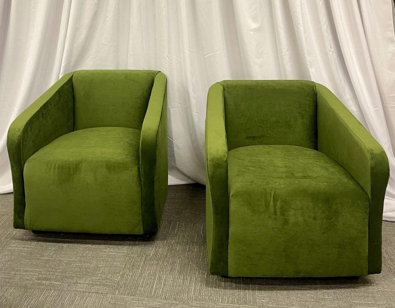 Pair Green Velvet Swivel Chairs