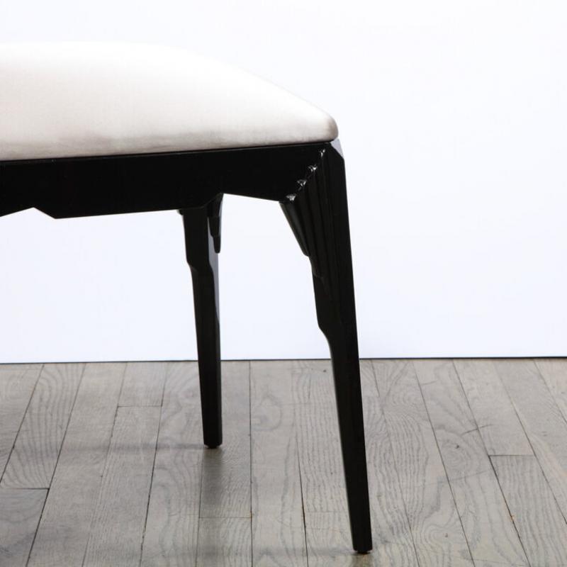 Pair of Art Deco Skyscraper Style Black Lacquer Stool in White Gold Silk