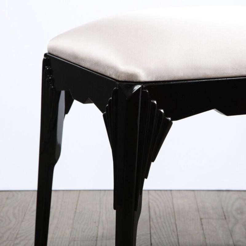 Pair of Art Deco Skyscraper Style Black Lacquer Stool in White Gold Silk