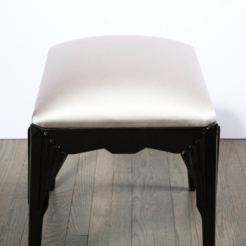 Pair of Art Deco Skyscraper Style Black Lacquer Stool in White Gold Silk