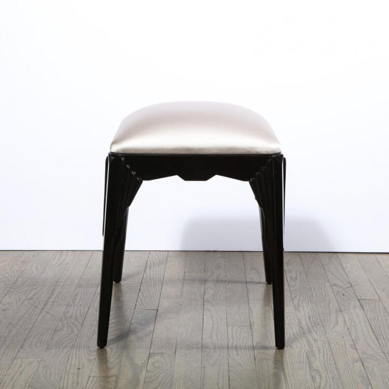 Pair of Art Deco Skyscraper Style Black Lacquer Stool in White Gold Silk