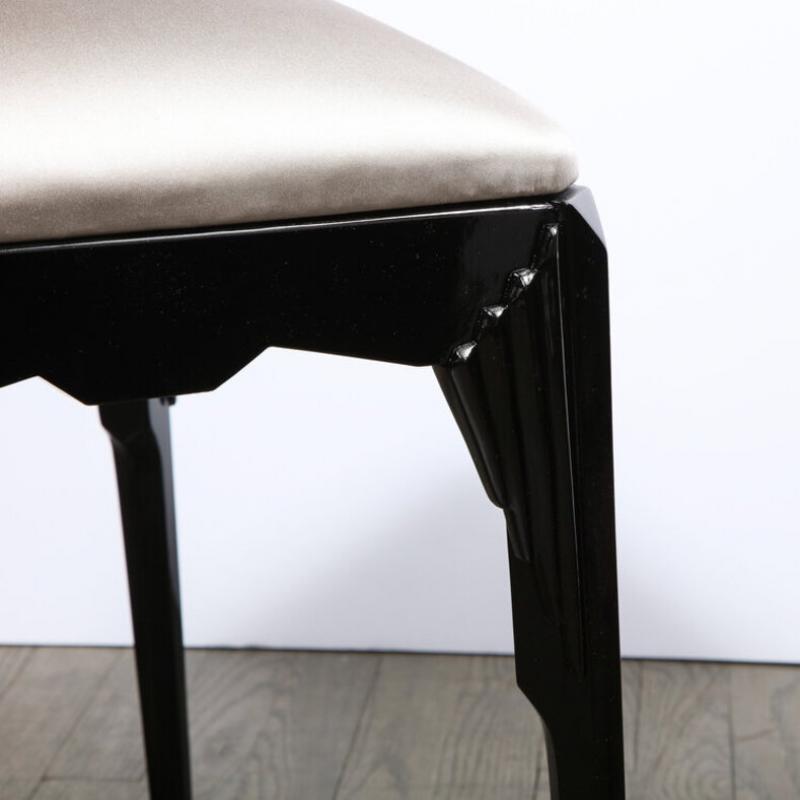 Pair of Art Deco Skyscraper Style Black Lacquer Stool in White Gold Silk