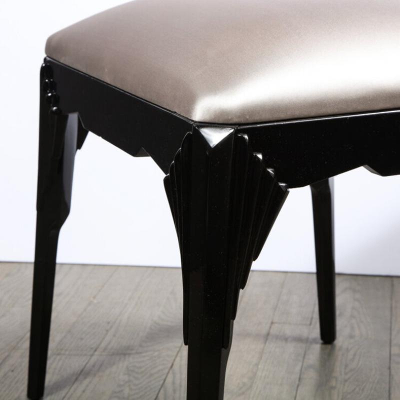 Pair of Art Deco Skyscraper Style Black Lacquer Stool in White Gold Silk