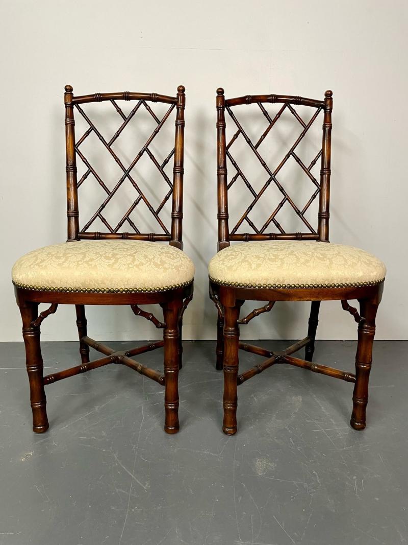 Pair of Bamboo Side, Desk Chairs, Damask Upholstery, Brass Tack Detailing
