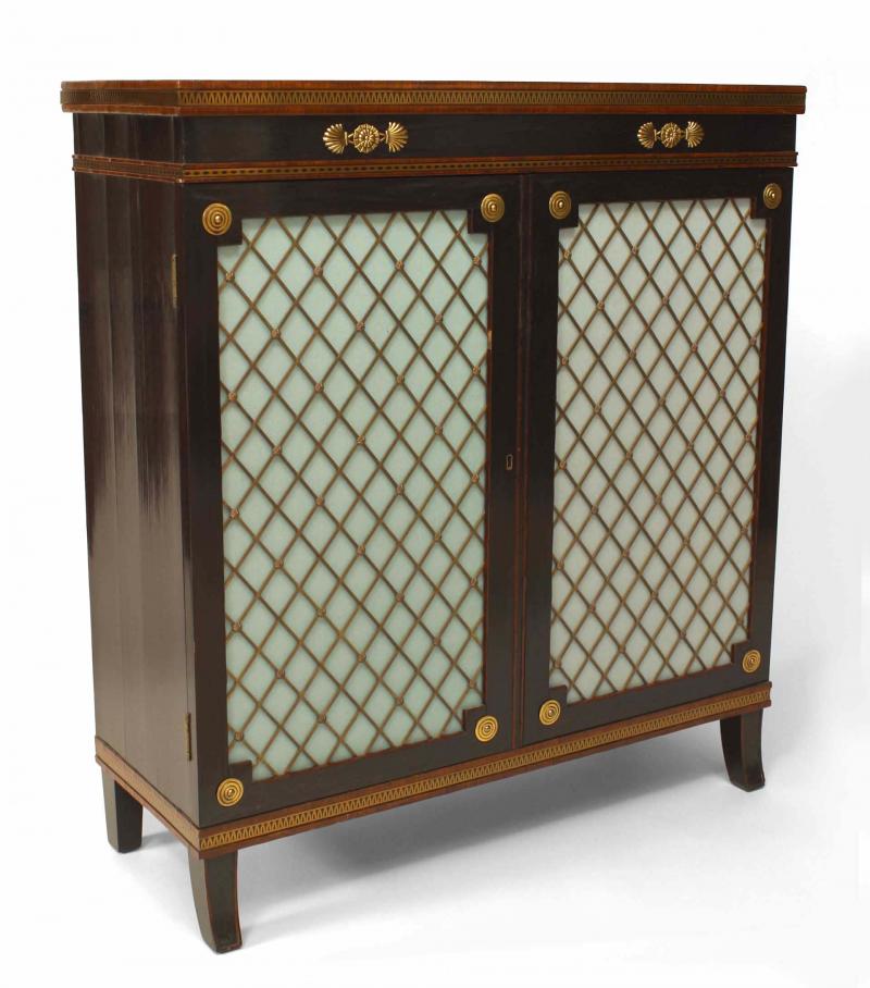 Pair of English Regency Style Ebonized Trill Doors Commodes