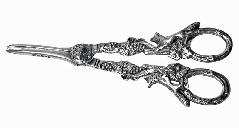 Pair of English Sterling Silver Grape Shears, running foxes design