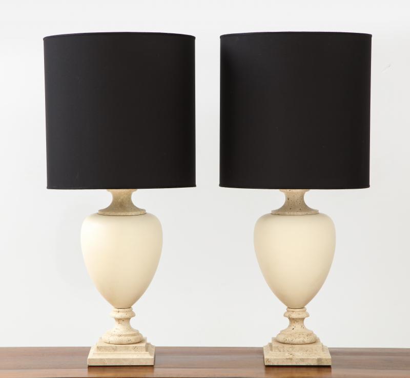 Pair of Italian Travertine and Ceramic Baluster Form Table Lamps