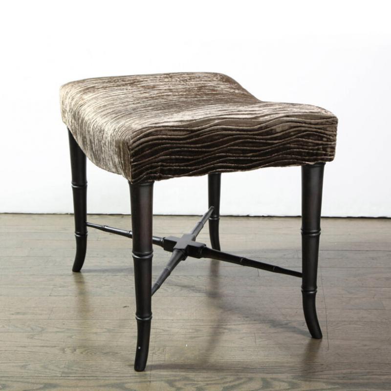 Pair of Mid Century Modern X-Form Stools in Gauffraged Smoked Bronze Velvet