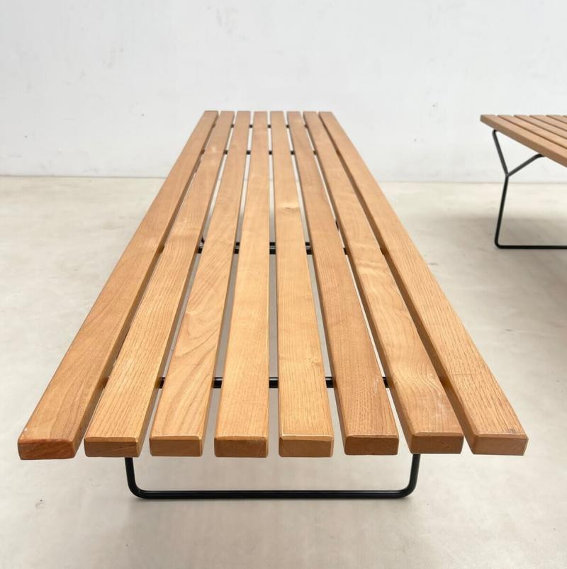 Pair of Mid Century Wooden Slatted Benches