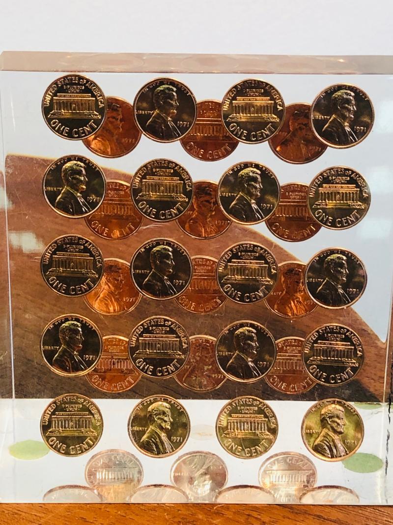 Pair of Midcentury Lucite Bookends with Captured Coins