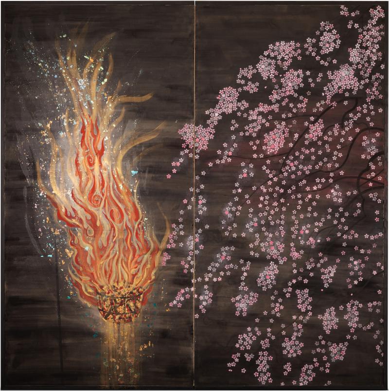 Pair of Two-Panel Screens: Night Viewing of Cherry Blossoms by Firelight