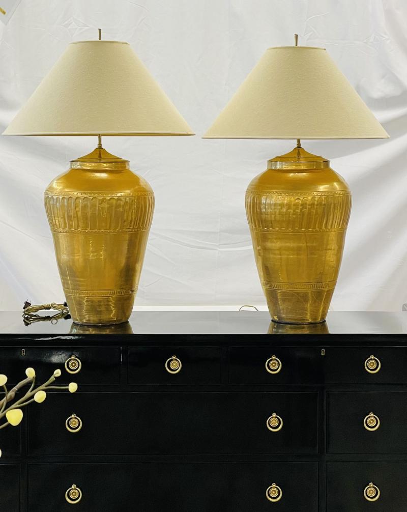 Palatial Pair of Gilt Metal Urn Form Table Lamps, Hollywood Regency