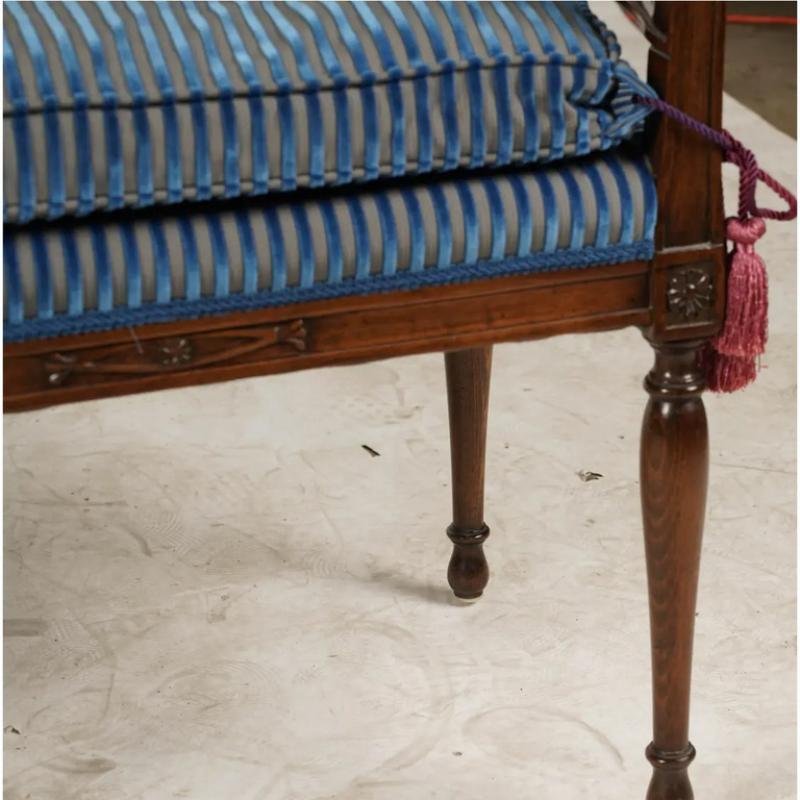Petite Louis XVI Carved Mahogany Blue Velvet Striped Down Cushion Bench