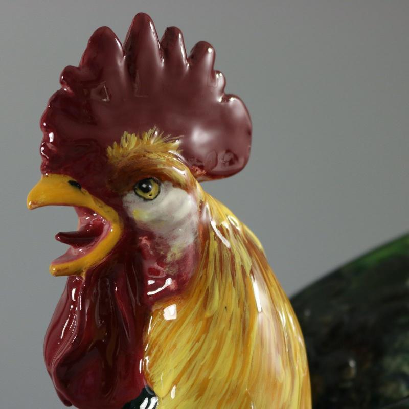 Rare Delphin Massier Majolica Crowing Rooster Figural Vase