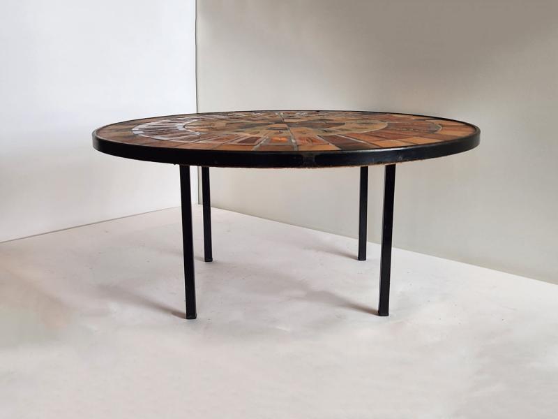 Roger Capron - Round Ceramic Coffee Table with Herbier tiles on Metal ...