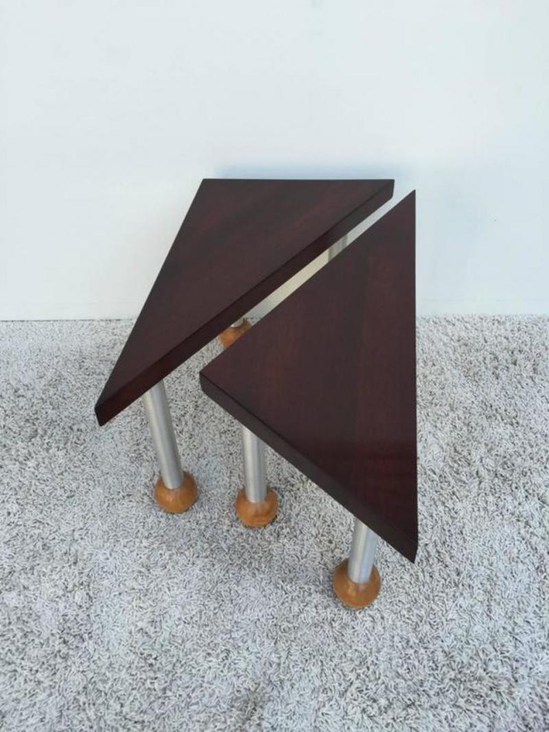 Russel Wright - Pair Triangular Tables Spun Aluminum Legs Blonde ...